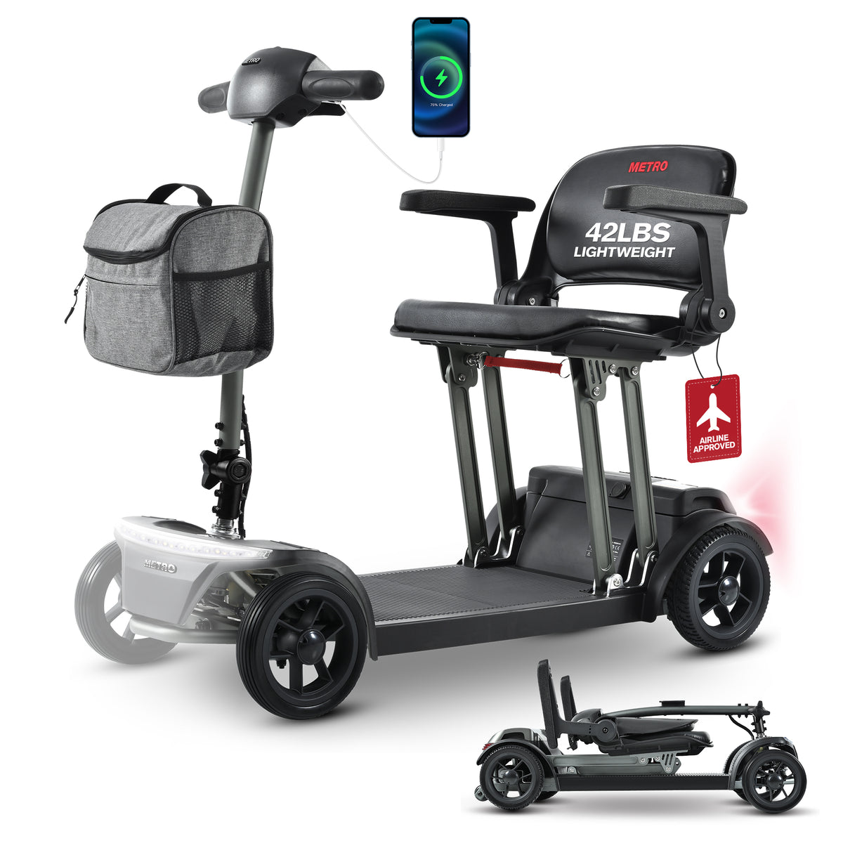 METRO MOBILITY AIR TRAVELLER 8" 4 Wheel Mobility Scooter 180W Motor 24 ...